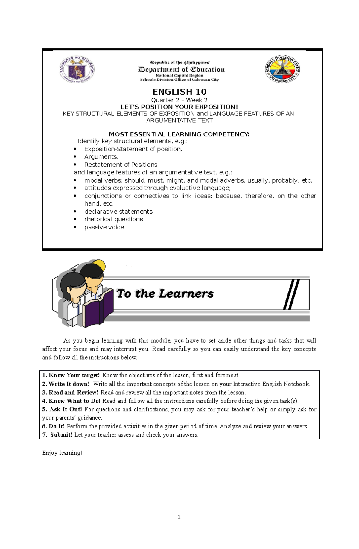 English 10 Q2 Week 2-validated - ENGLISH 10 Quarter 2 – Week 2 LET’S POSITION YOUR EXPOSITION ...