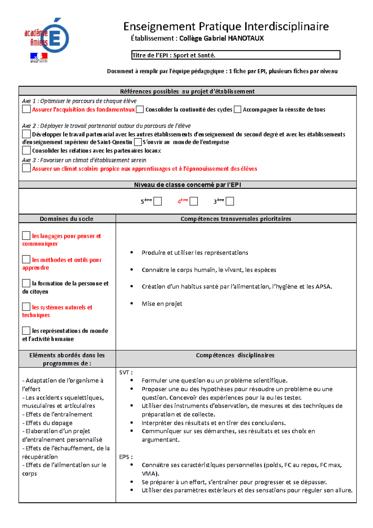 Fiche epi EPS SVT - cours - Références possibles au projet d ...