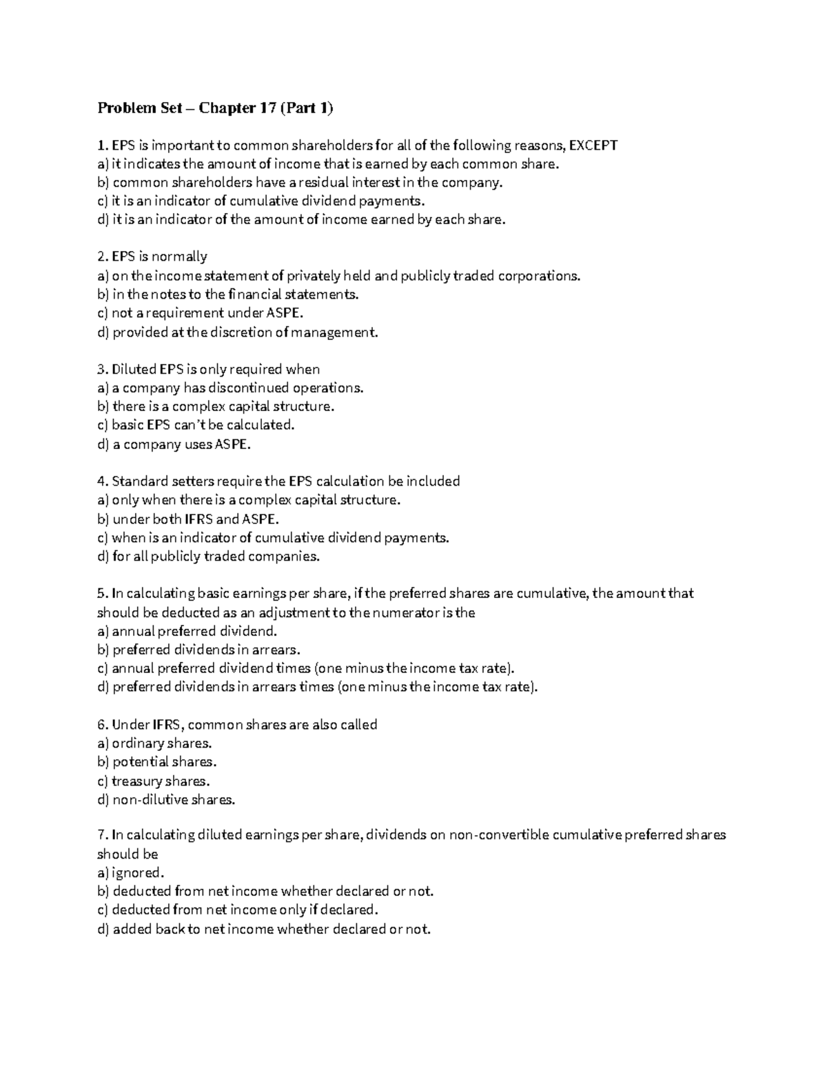 Problem Set Ch17S - Problem Set – Chapter 17 (Part 1) EPS is important ...