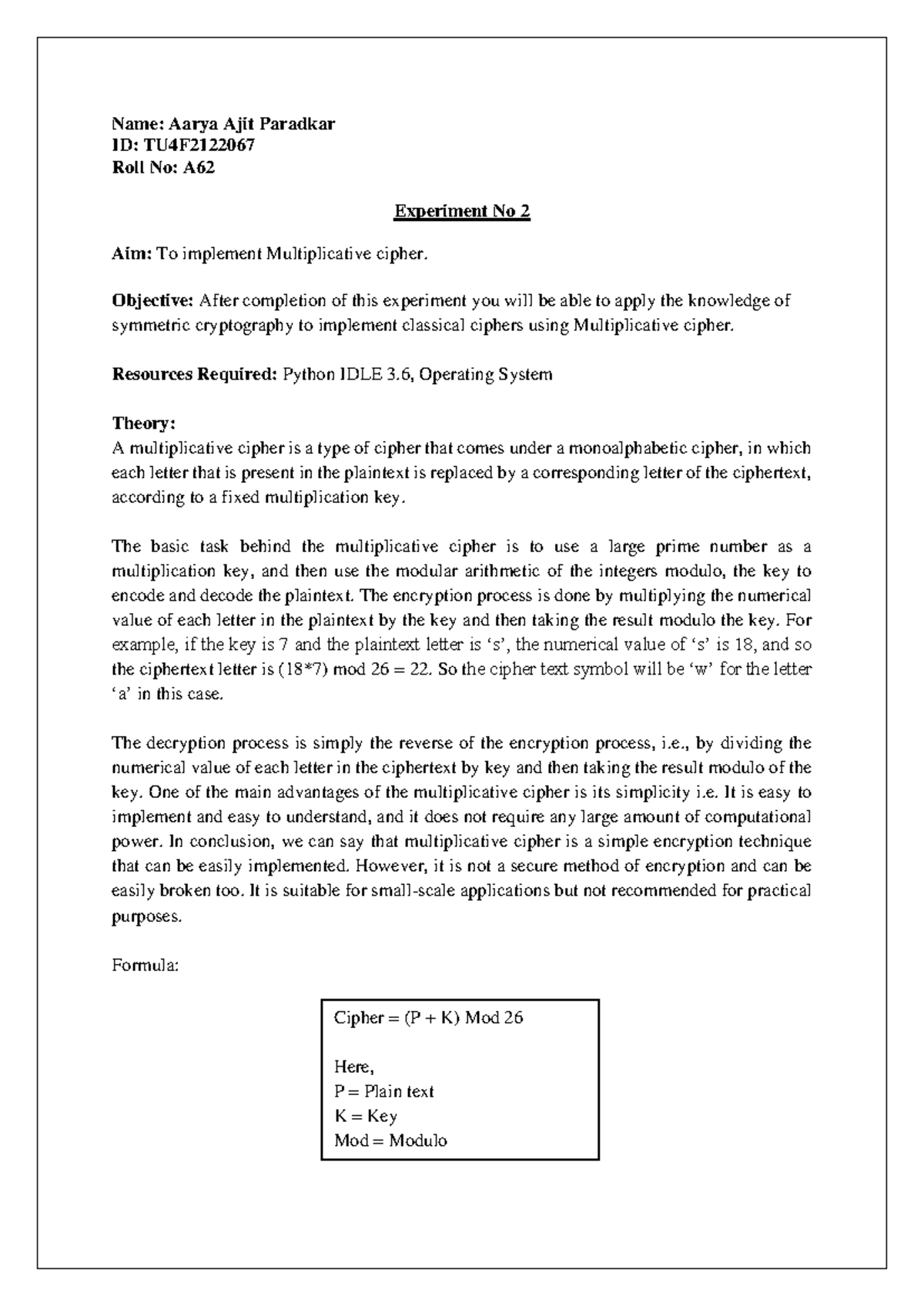 Experiment 2 Security Lab Name Aarya Ajit Paradkar Id Tu4f Roll No A 62 Experiment No 2 Aim
