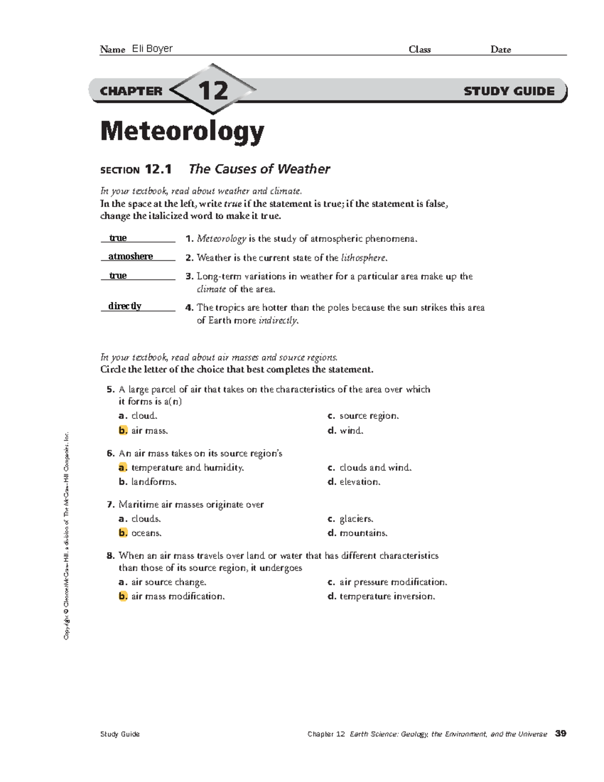Chapter 12 Study Guide Copyright Glencoe McGraw Hill A Division