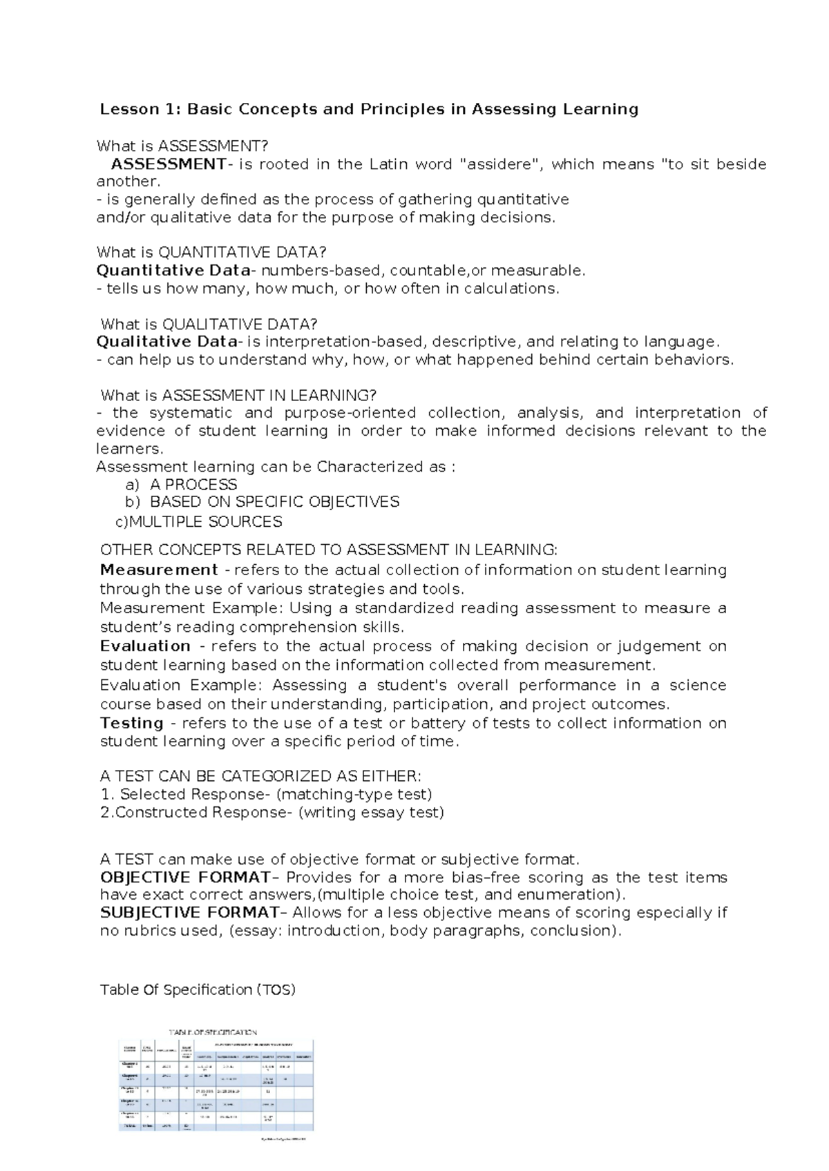Lesson 1 - PLEASE - Lesson 1: Basic Concepts and Principles in Assessing Learning What is - Studocu
