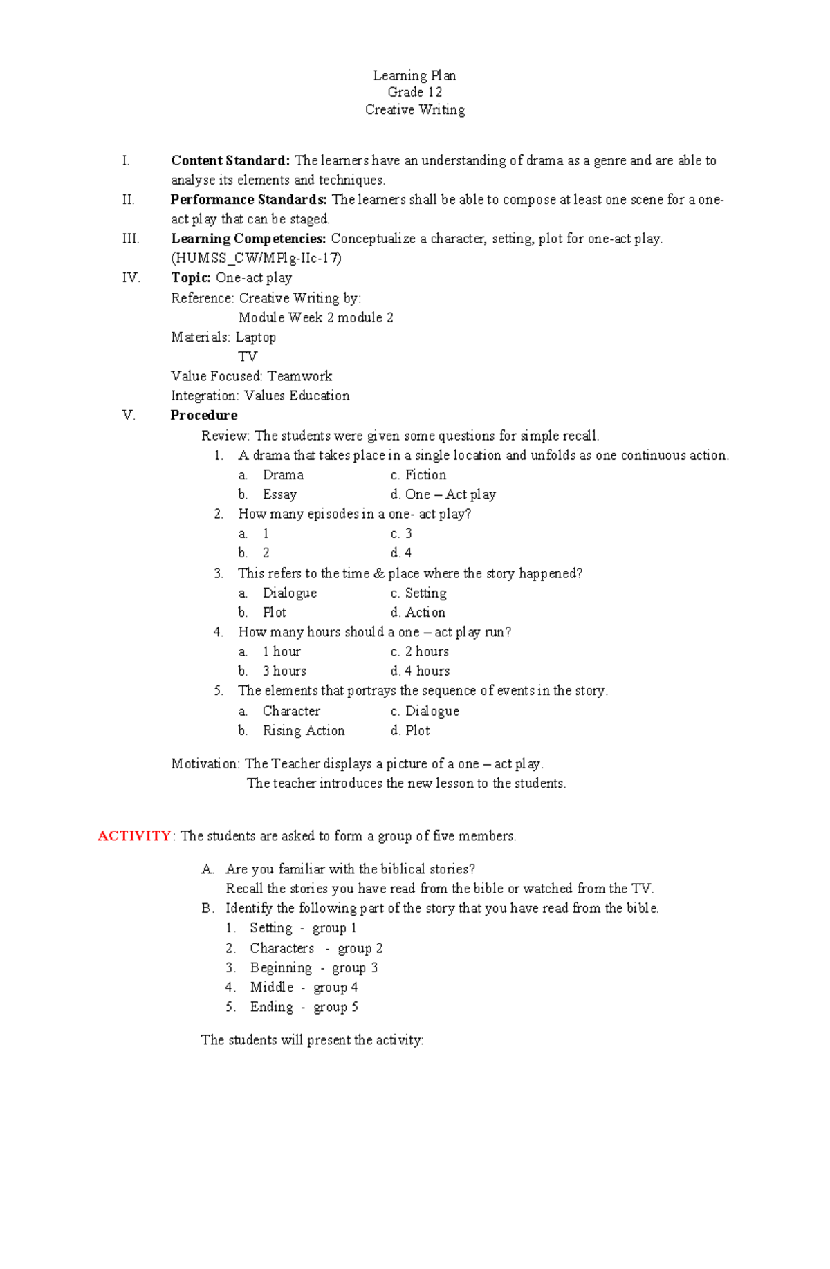 Demo lesson plan - Learning Plan Grade 12 Creative Writing I. Content ...