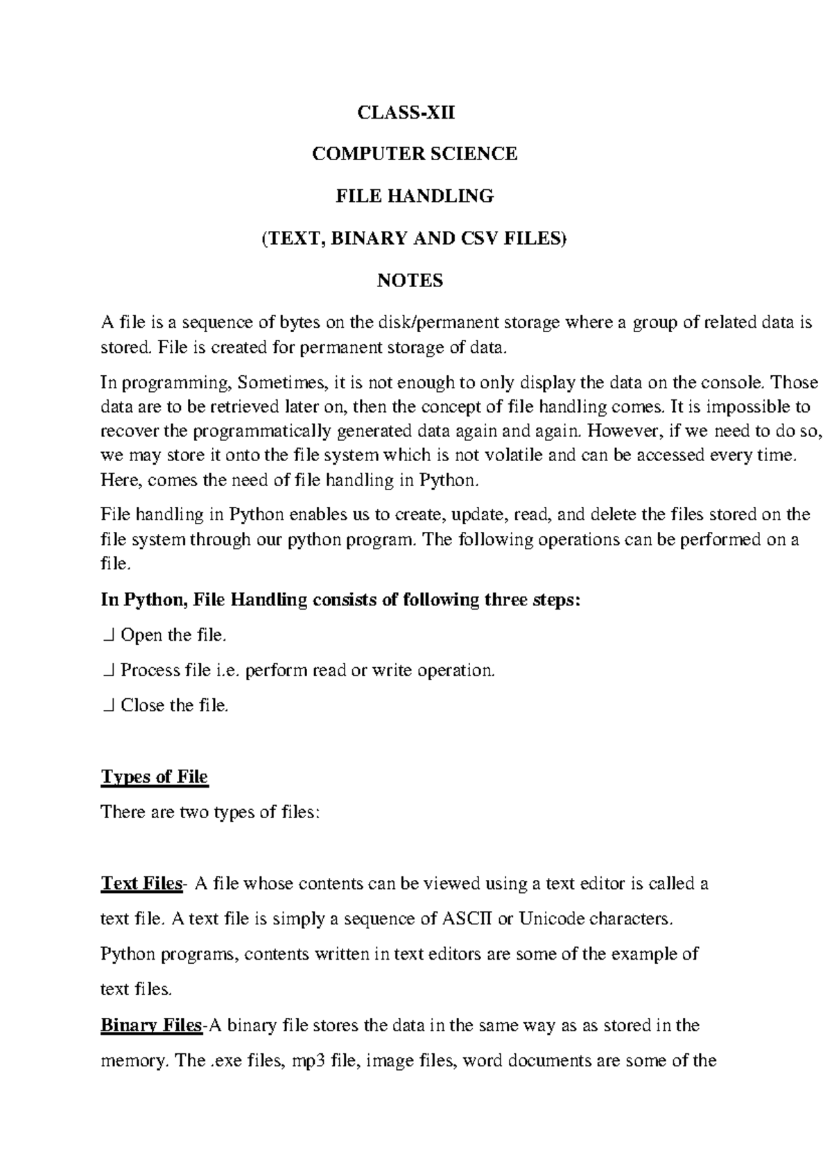 Class-12 2 Term-I File Handling 2 - CLASS-XII COMPUTER SCIENCE FILE HANDLING (TEXT, BINARY AND ...
