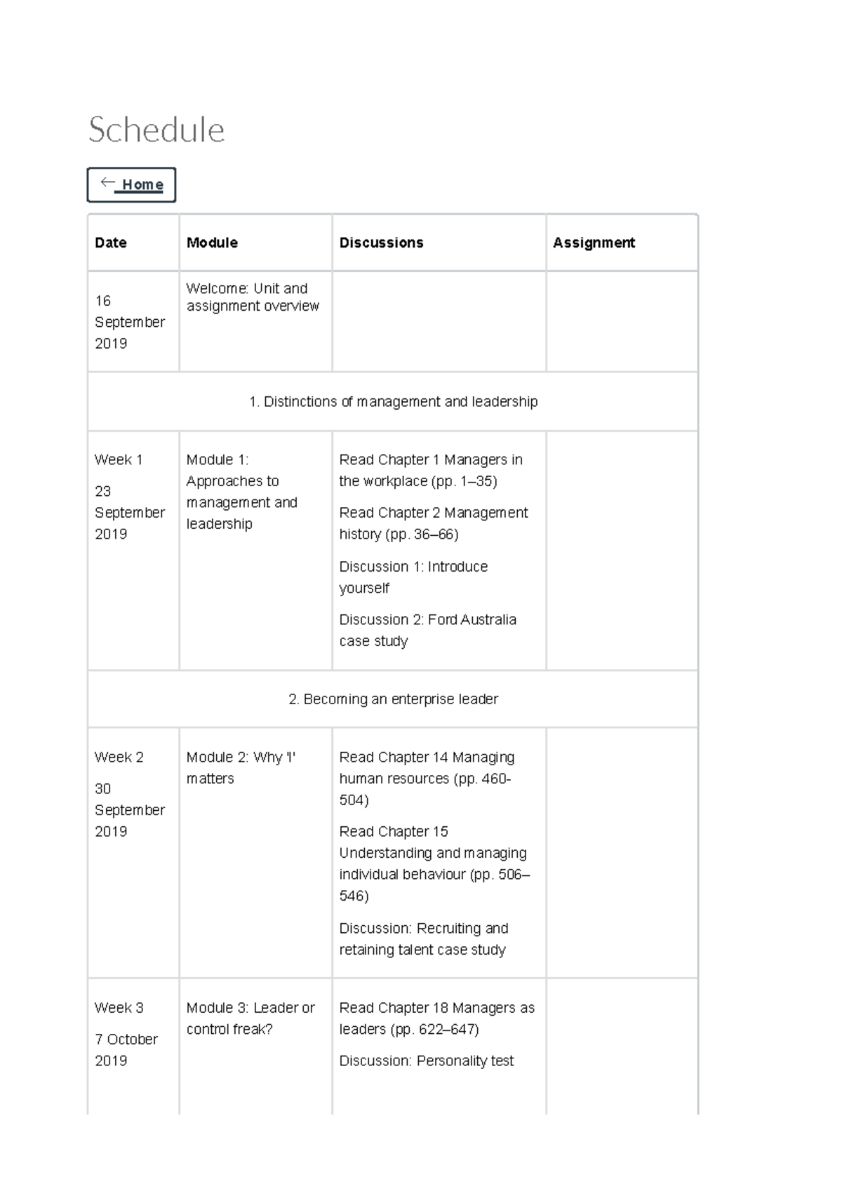 Schedule - Enterprise Leadership (2009 12) - Schedule Date Module ...