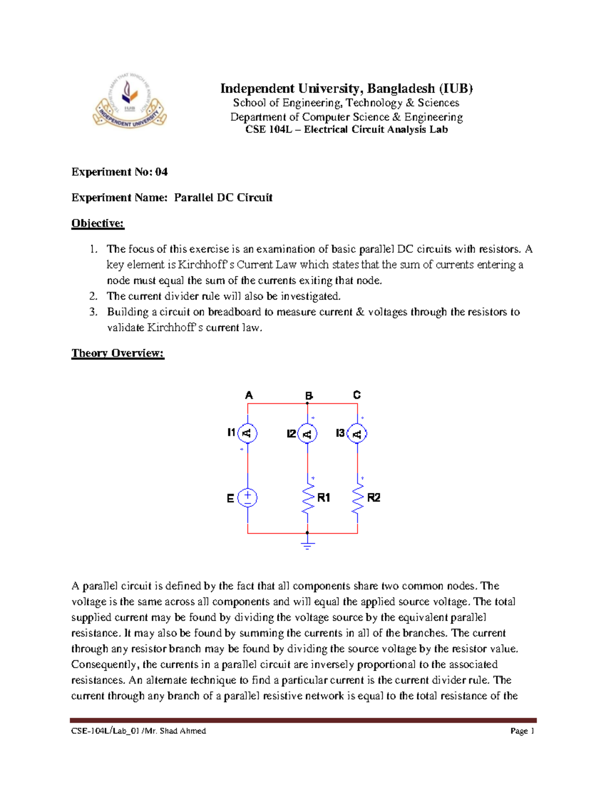 CSE-104L Exp4 Parallel DC Circuit - Independent University, Bangladesh (IUB) School of ...