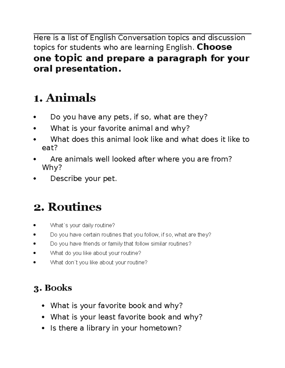 English Conversation Topics For Oral Presentations Here Is A List Of