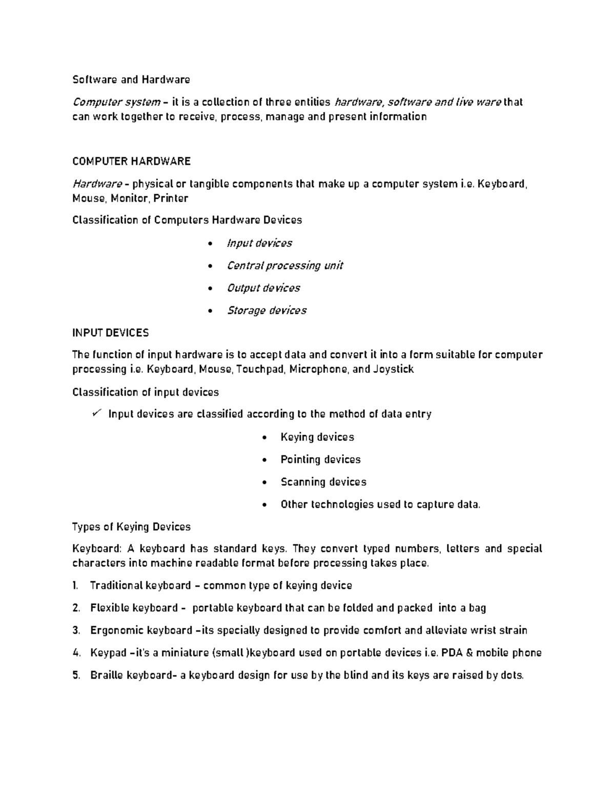 1.4 Computer Hardware - Copy - Software and Hardware Computer system ...