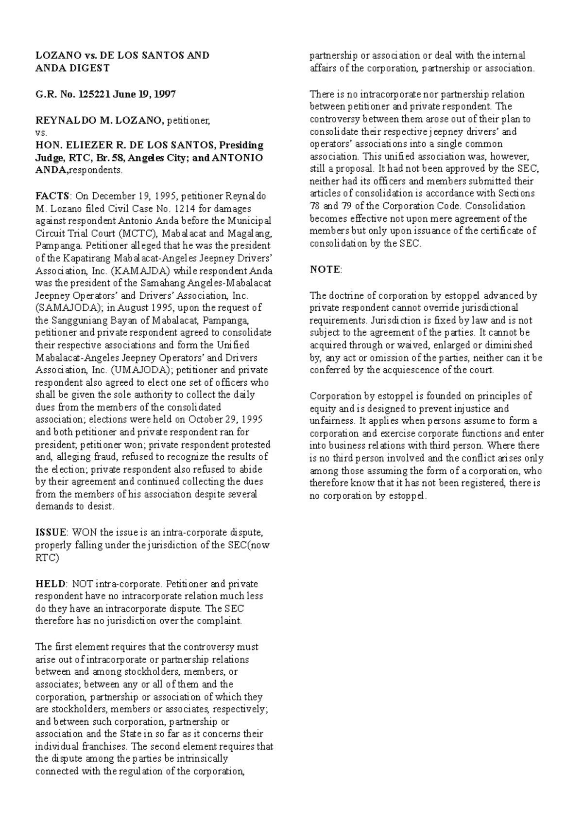 lectures and notes only - LOZANO vs. DE LOS SANTOS AND ANDA DIGEST G ...
