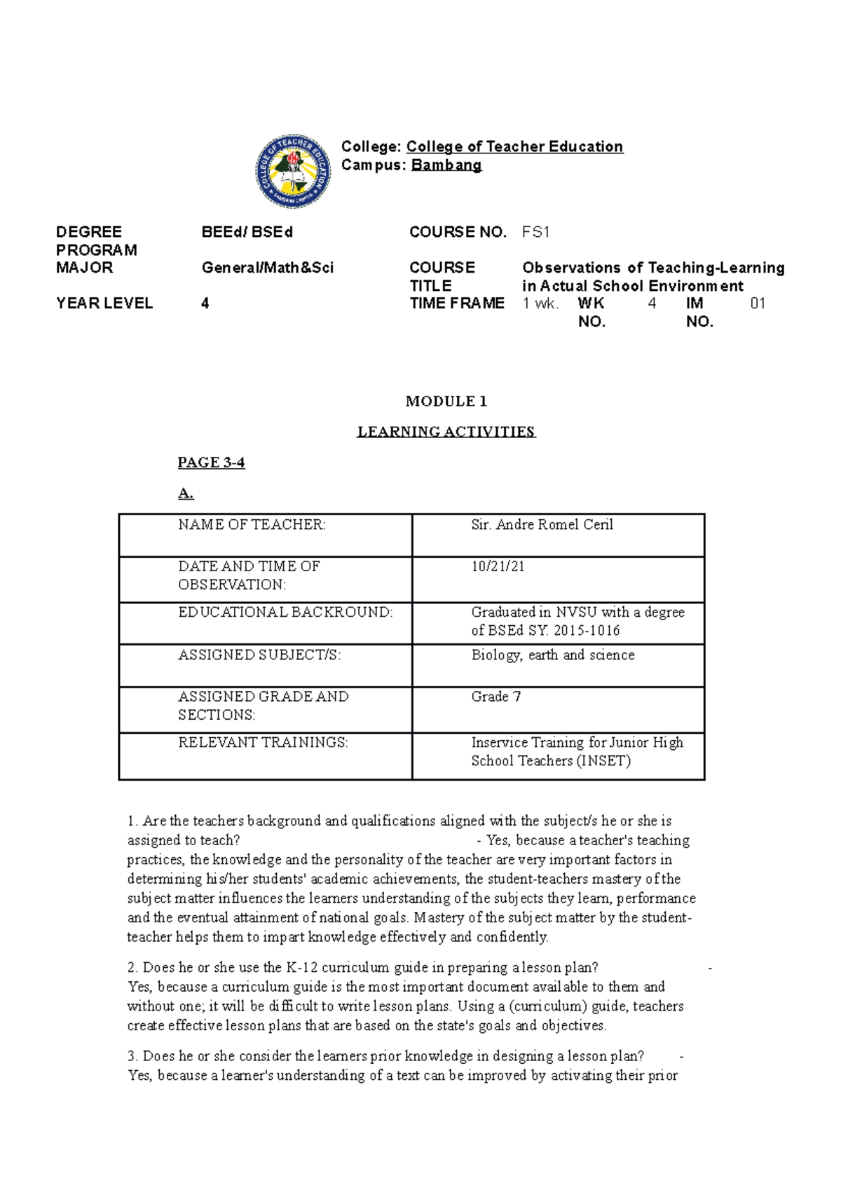 FS 1 Module 1 - Field Study - College: College of Teacher Education ...