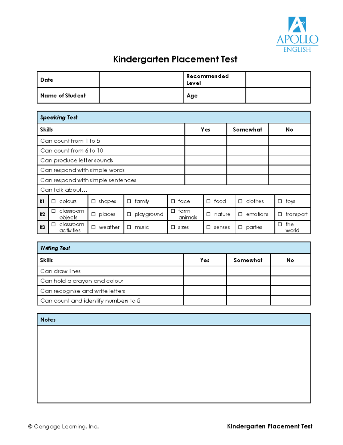 Kindergarten Speaking Placement Test Assessment Form final - © Cengage ...