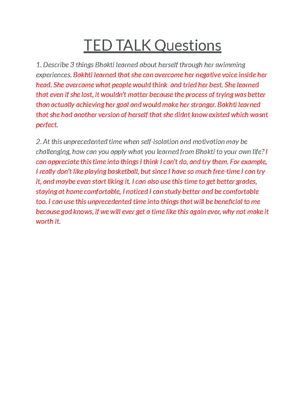 TED TALK Questions - TED TALK Questions Describe 3 things Bhakti ...