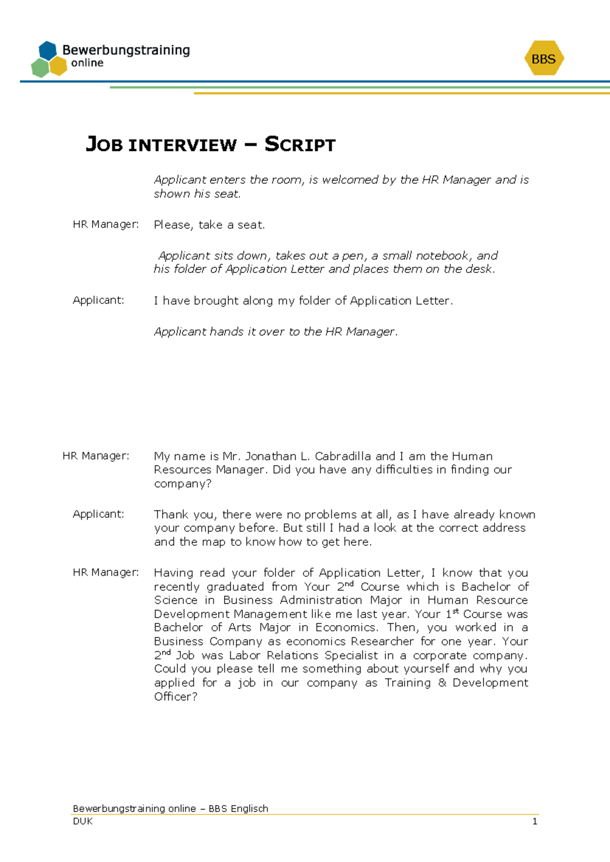 Sample Job Interview Script - Bewerbungstraining online – BBS Englisch ...