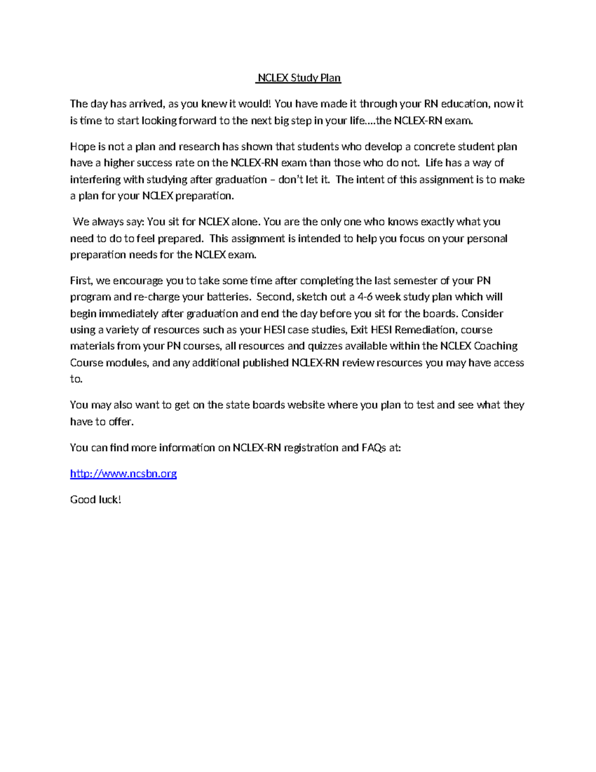 Nclex-RN Study Plan Directions and Grid - NCLEX Study Plan The day has ...