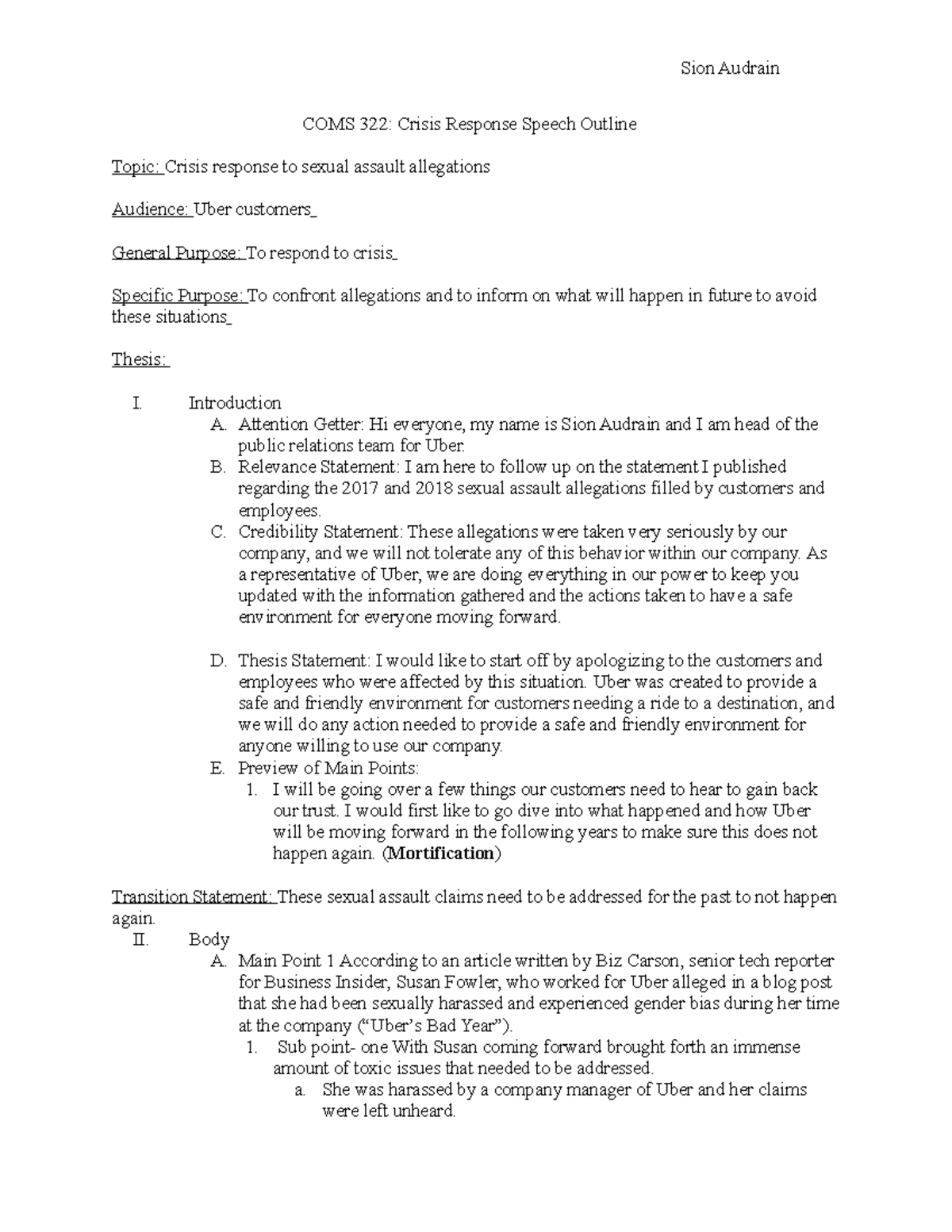 Crisis speech revised - COMS 322: Crisis Response Speech Outline Topic ...