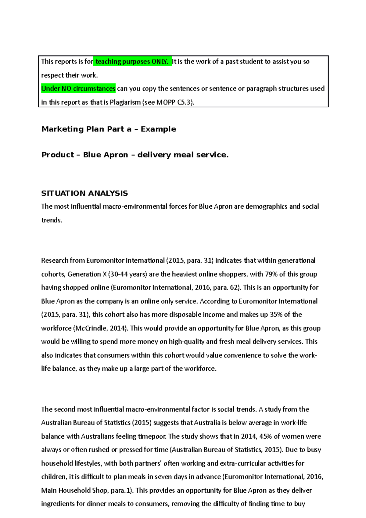 Student example - Part A Marketing Plan - This reports is for teaching ...
