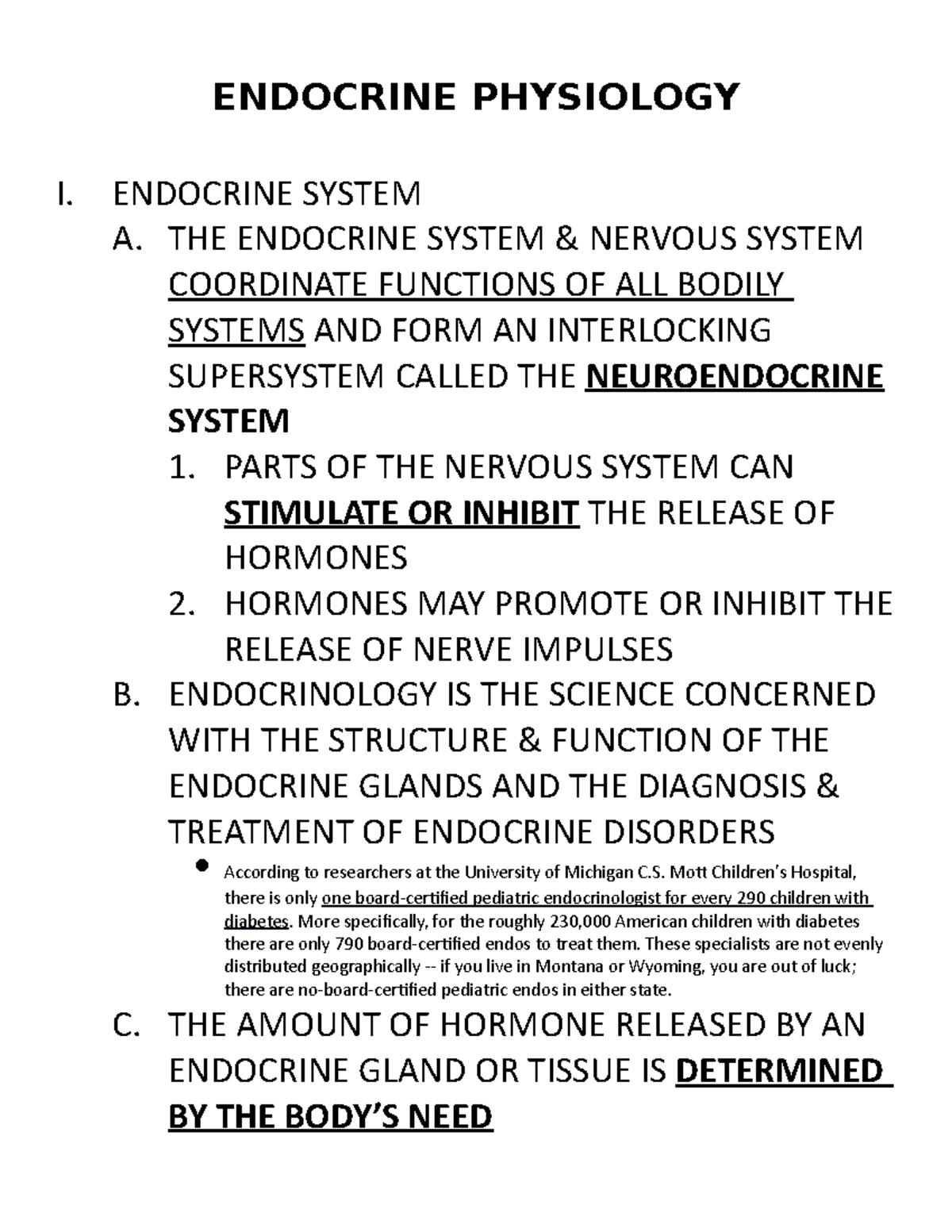 1- Endocrine Physiology - ENDOCRINE PHYSIOLOGY I. ENDOCRINE SYSTEM A ...