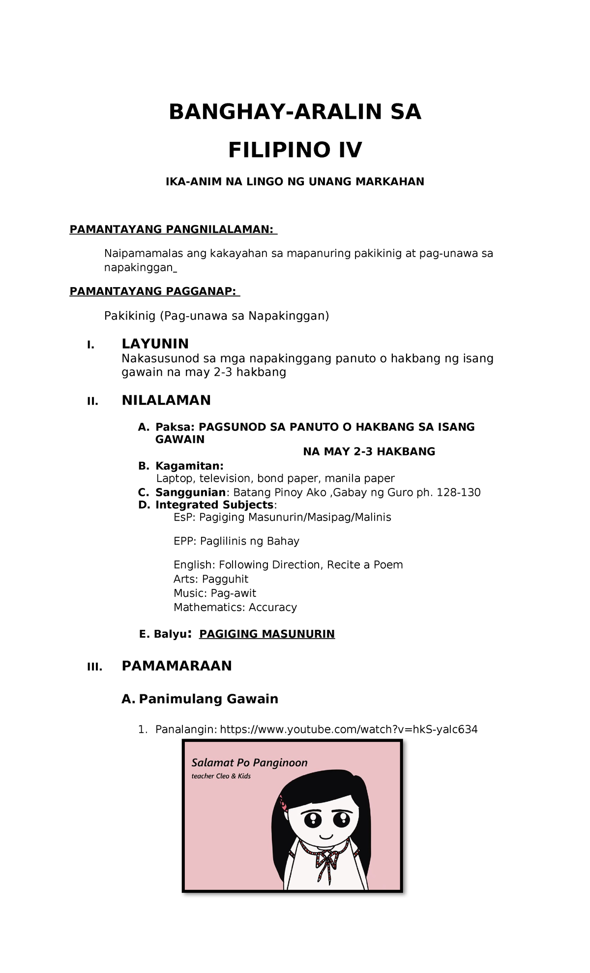 Banghay Aralin SA Filipino IV - BANGHAY-ARALIN SA FILIPINO IV IKA-ANIM NA LINGO NG UNANG ...