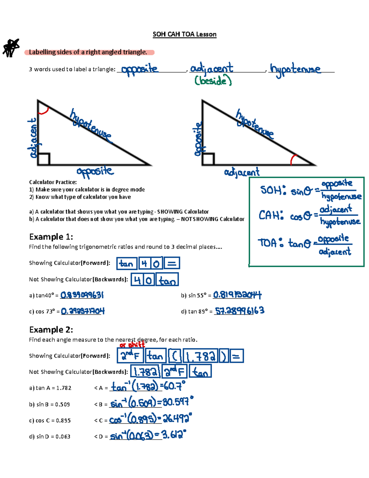 DL1 - SOH CAH TOA Review Annotated - SOH CAH TOA Lesson Labelling sides ...