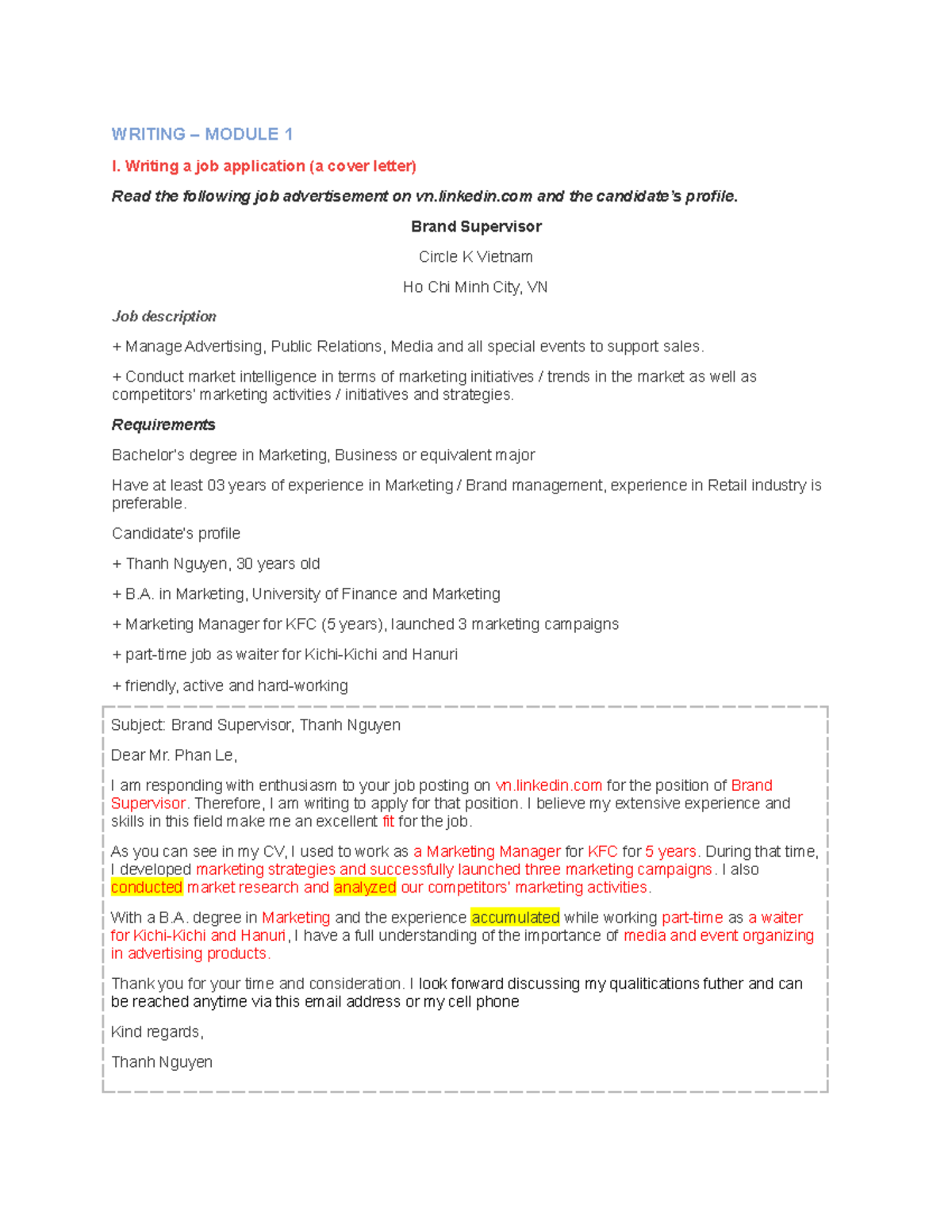 Writing- Module-1 - WRITING – MODULE 1 I. Writing a job application (a ...