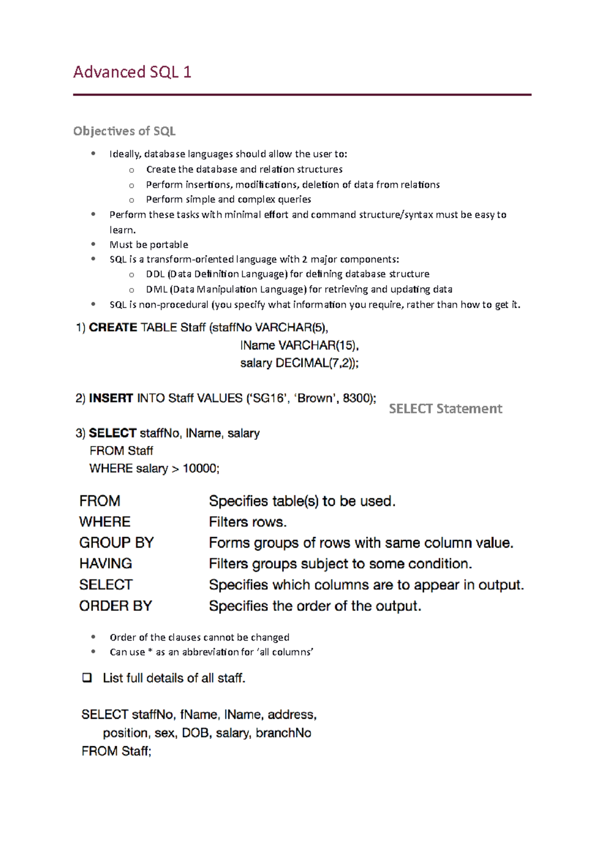 INFS2608 Lecture Notes - SQL - Advanced SQL 1 Objectives of SQL Ideally ...
