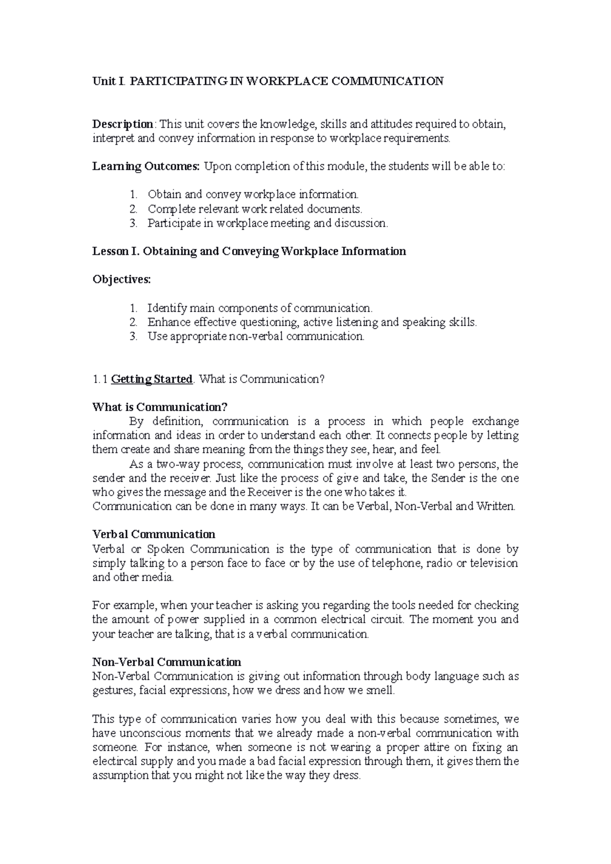 Unit I - Participating in Workplace Communication - Unit I ...