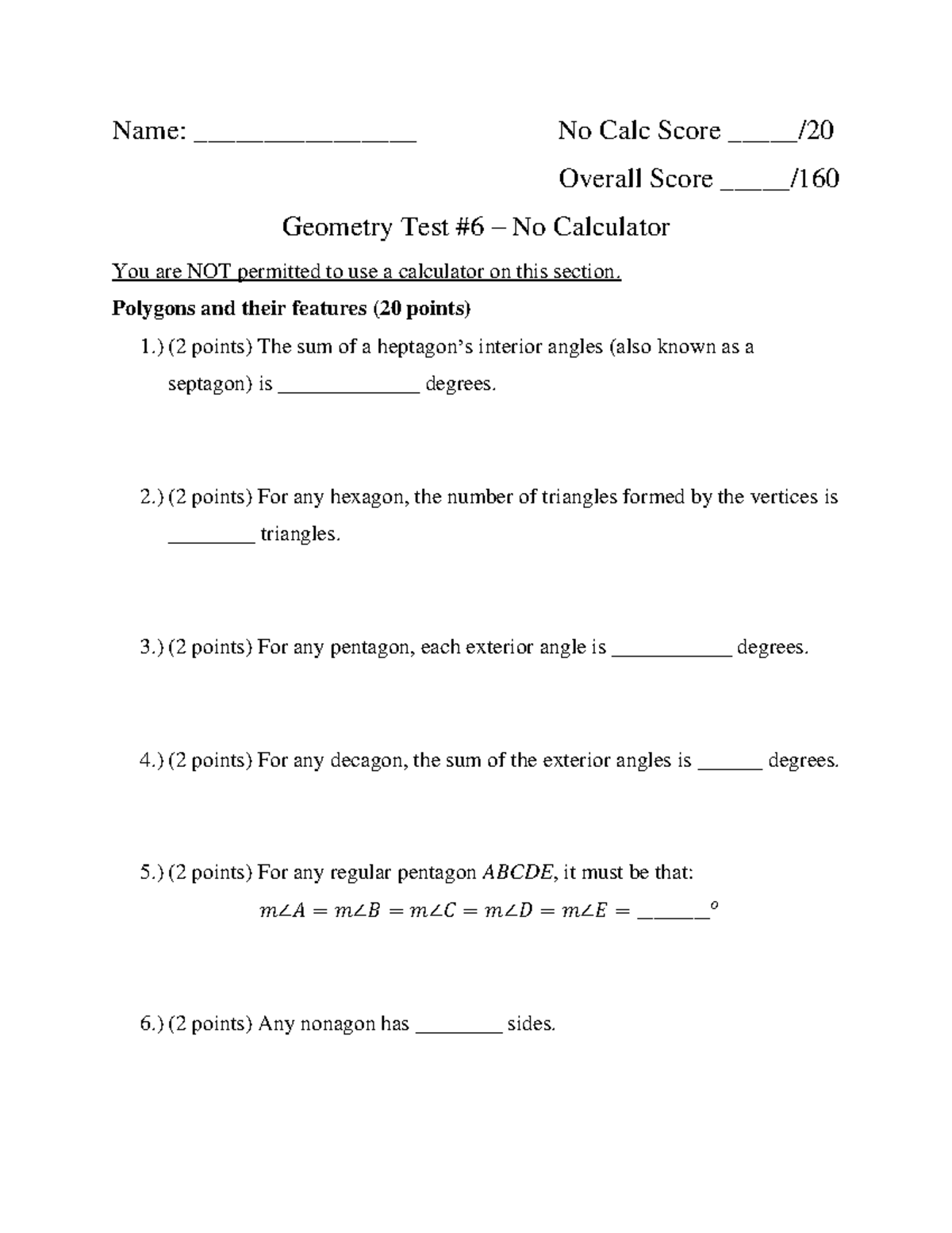 Geo quiz 6 - Geometry Quiz Prep - Name: ________________ No Calc Score ...
