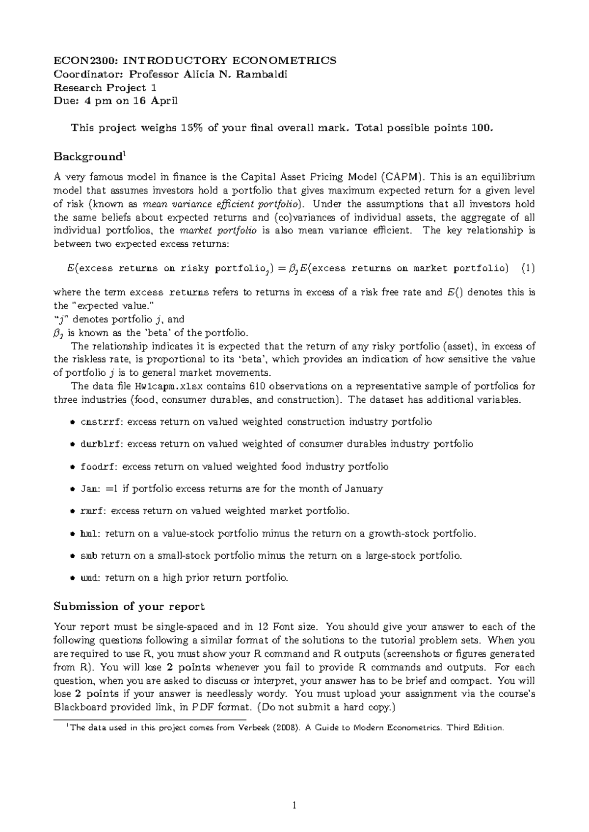 Project 1 2024 - ECON2300: INTRODUCTORY ECONOMETRICS Coordinator ...