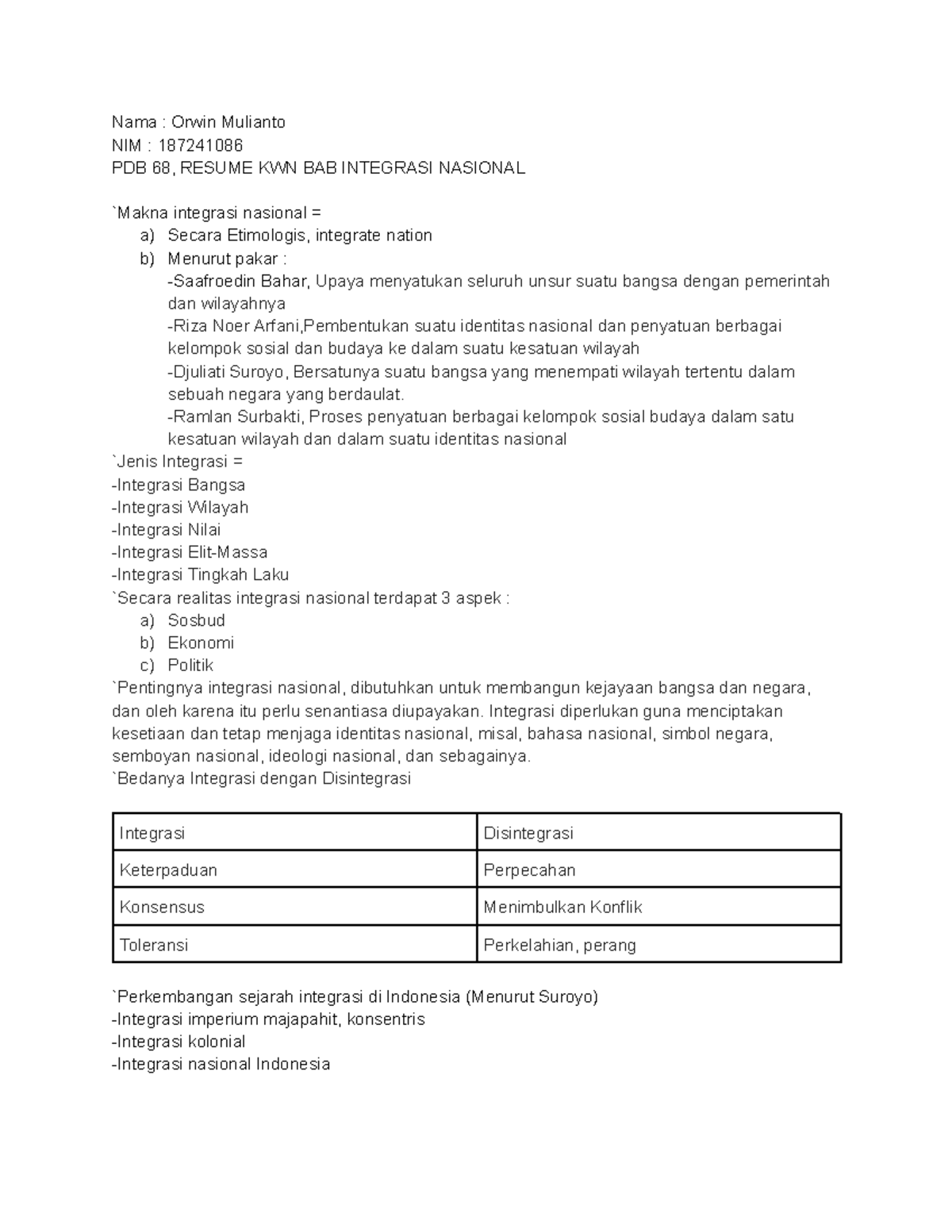 Resensi KWN Orwin - Nama : Orwin Mulianto NIM : 187241086 PDB 68, RESUME KWN BAB INTEGRASI ...