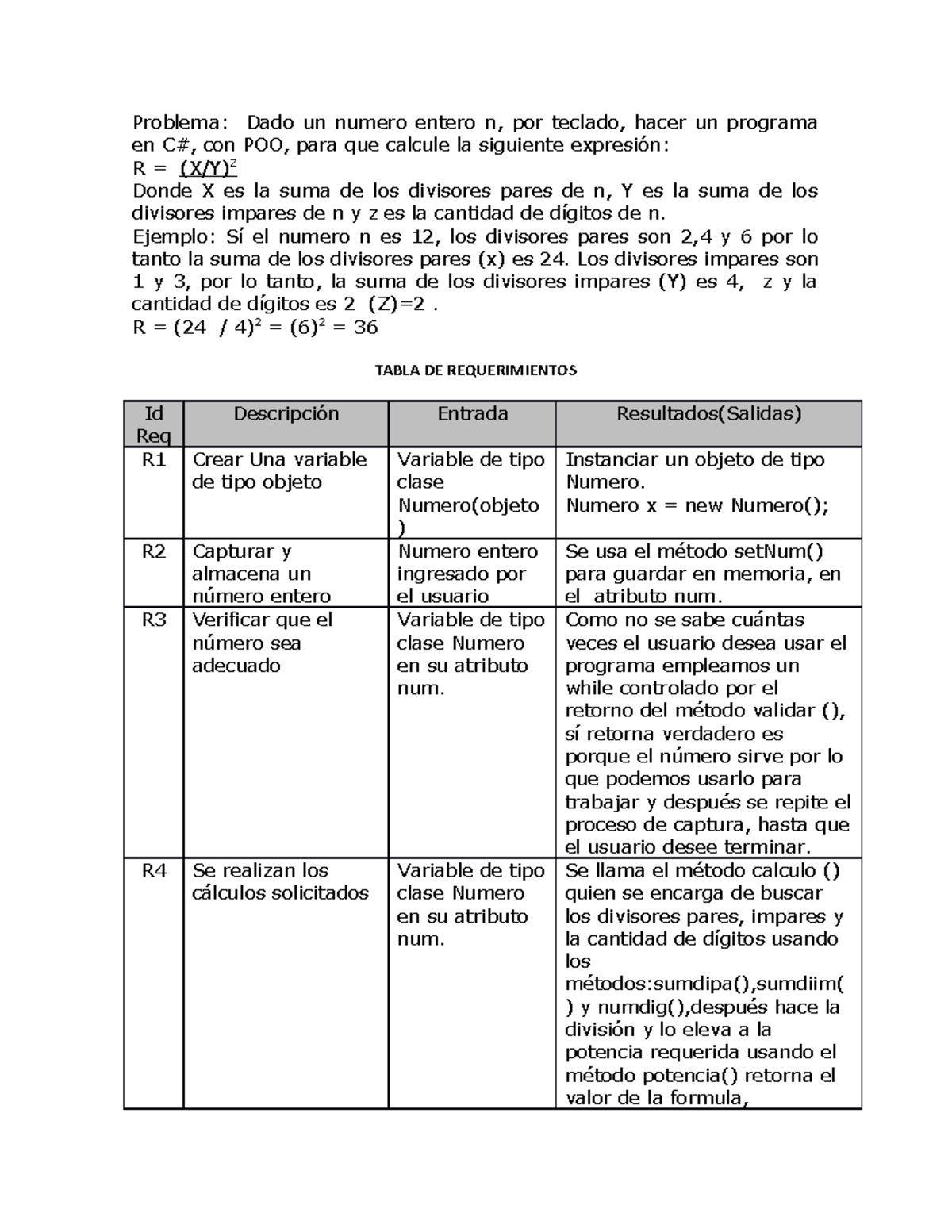 Tabla Requerimientos y Diagrama de clases - Problema: Dado un numero ...