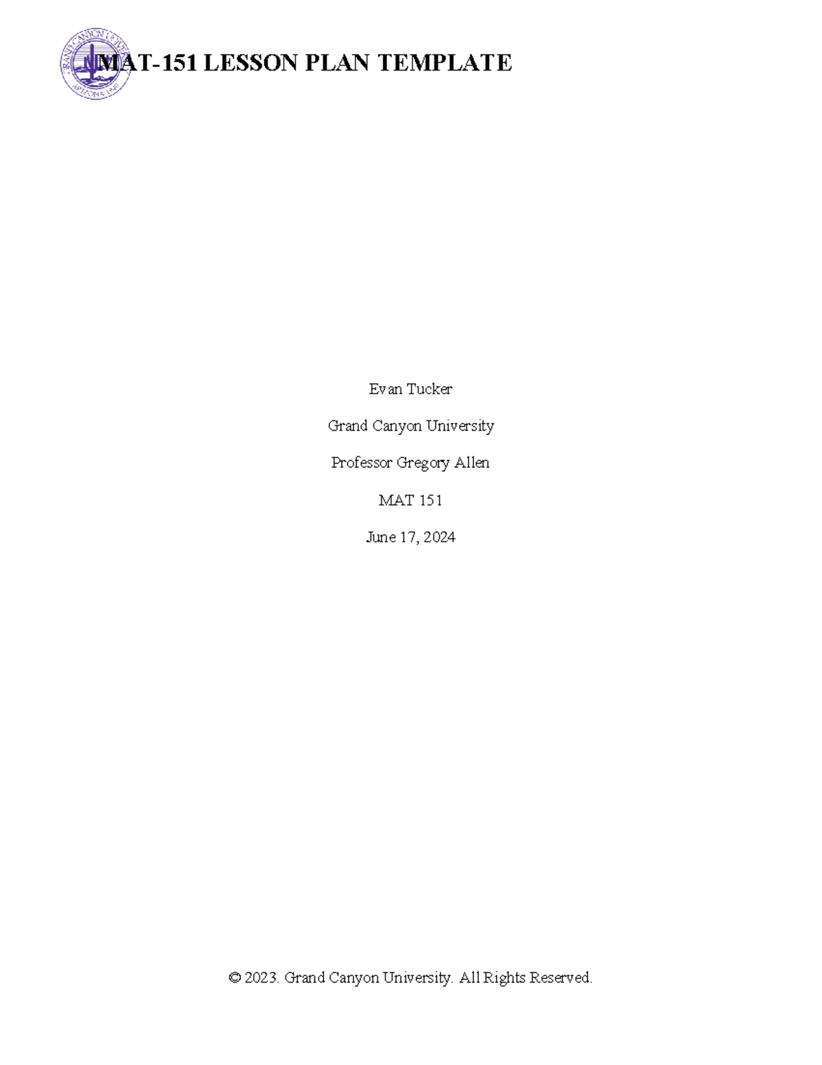 MAT-151 Lesson Plan Template topic 6 - Evan Tucker Grand Canyon ...