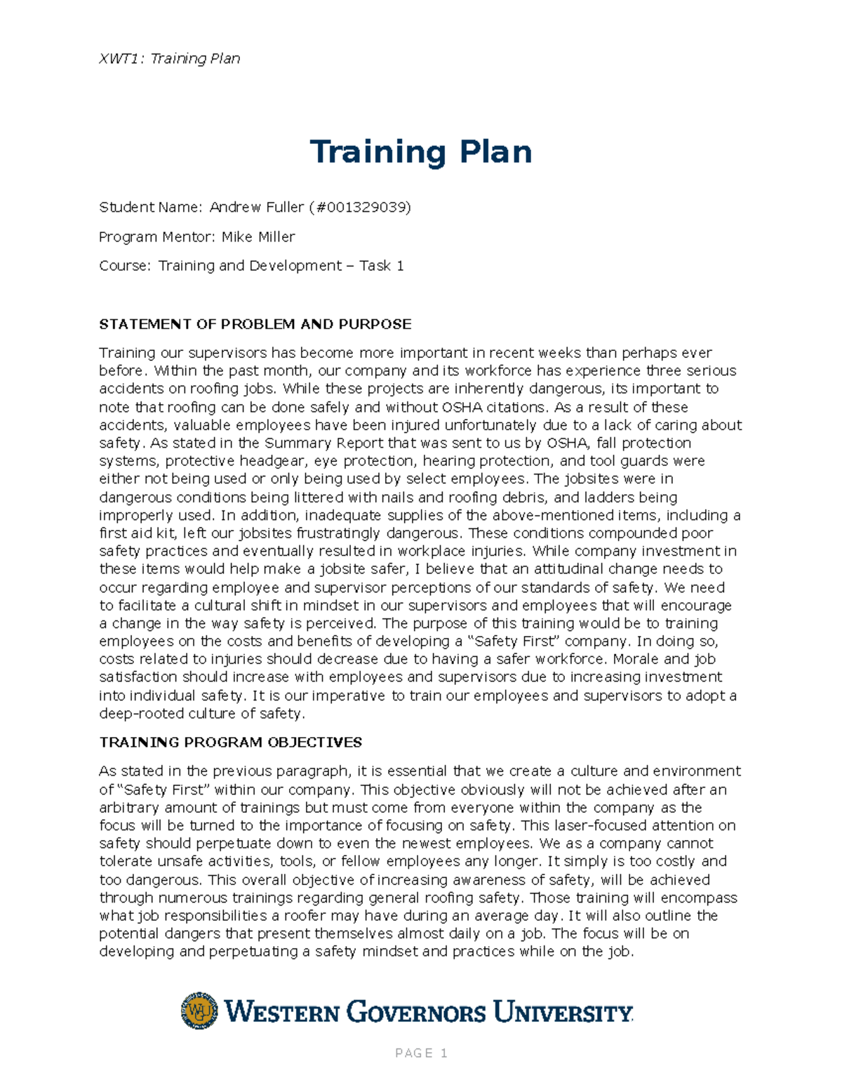 Training and Development - C200 Task 1 - XWT1: Training Plan Training ...