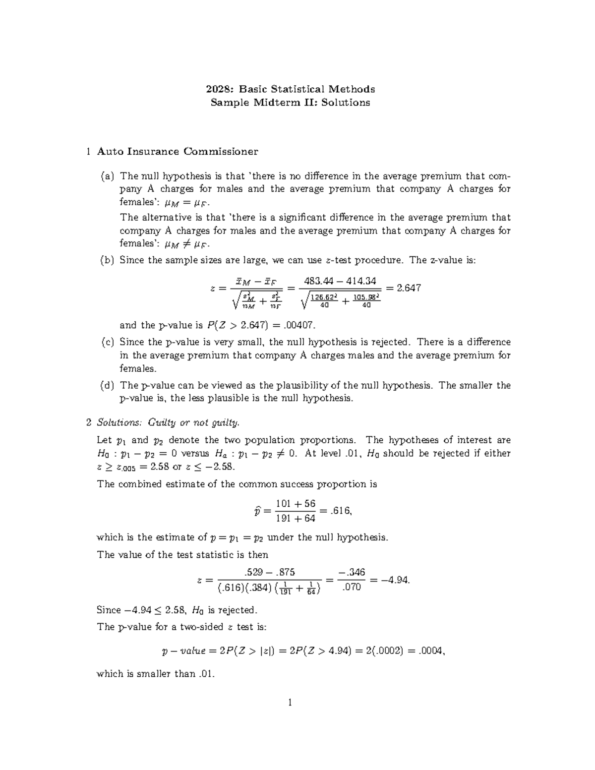 Sample Midterm 2 Solutions - 2028: Basic Statistical Methods Sample Midterm II: Solutions 1 Auto ...