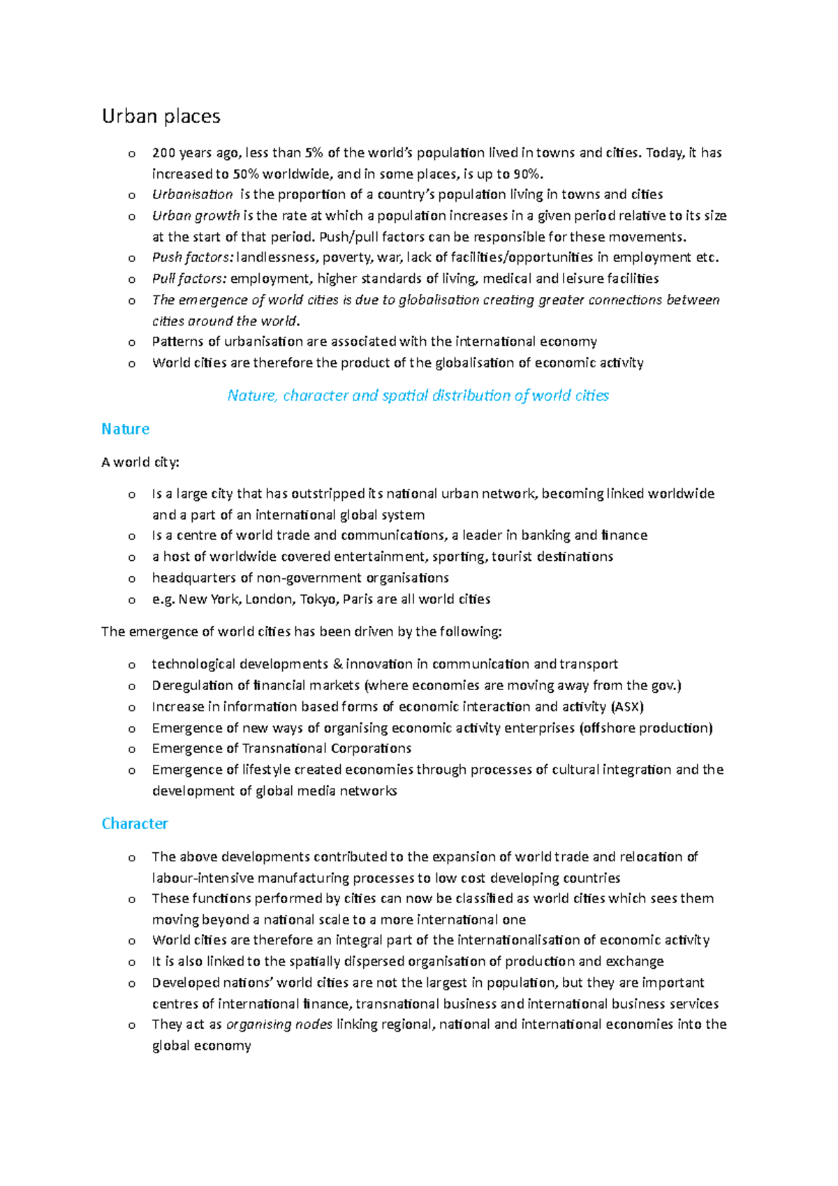 Urban places notes -> full content - Urban places o 200 years ago, less ...