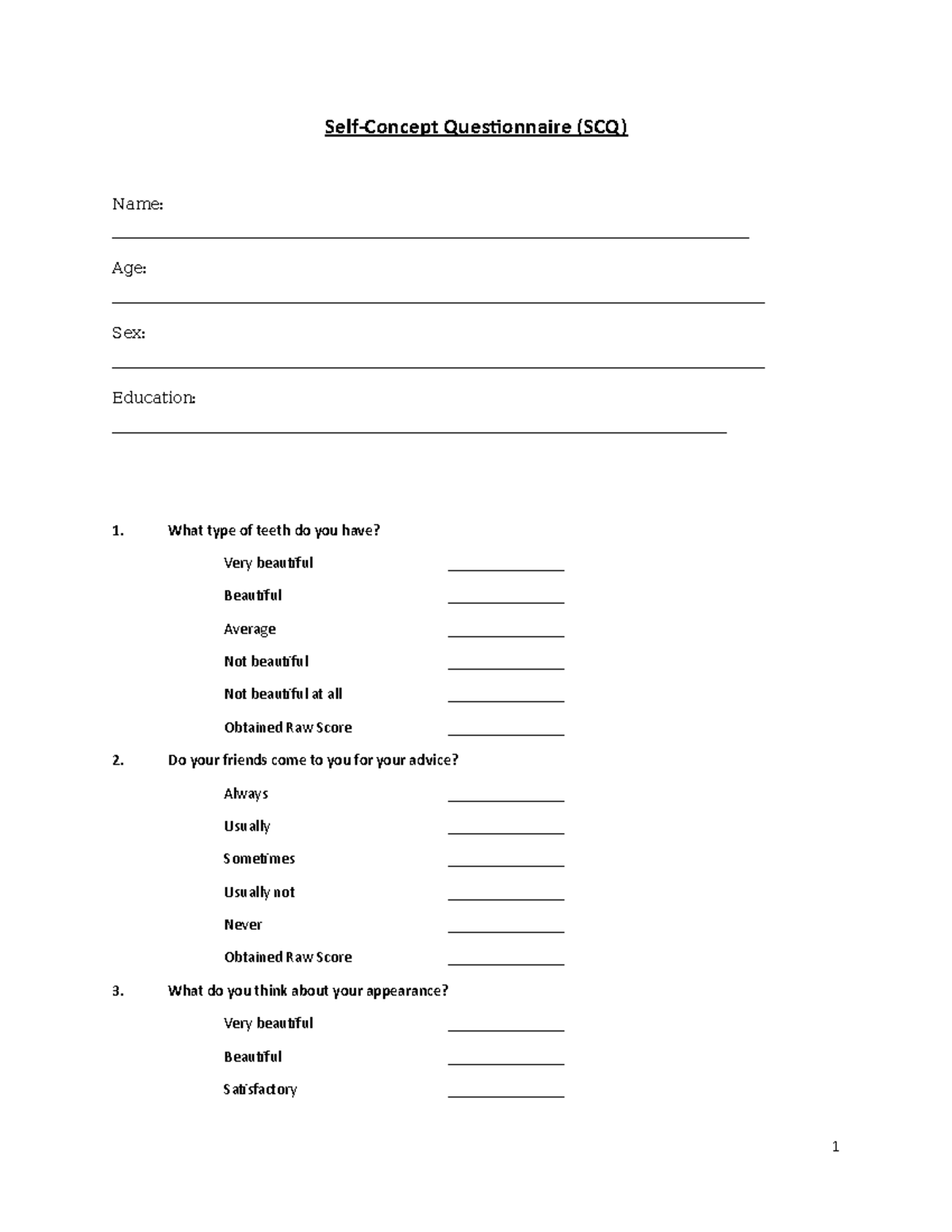 Self-Concept Questionnaire - Always obey rules _______________ Usually ...