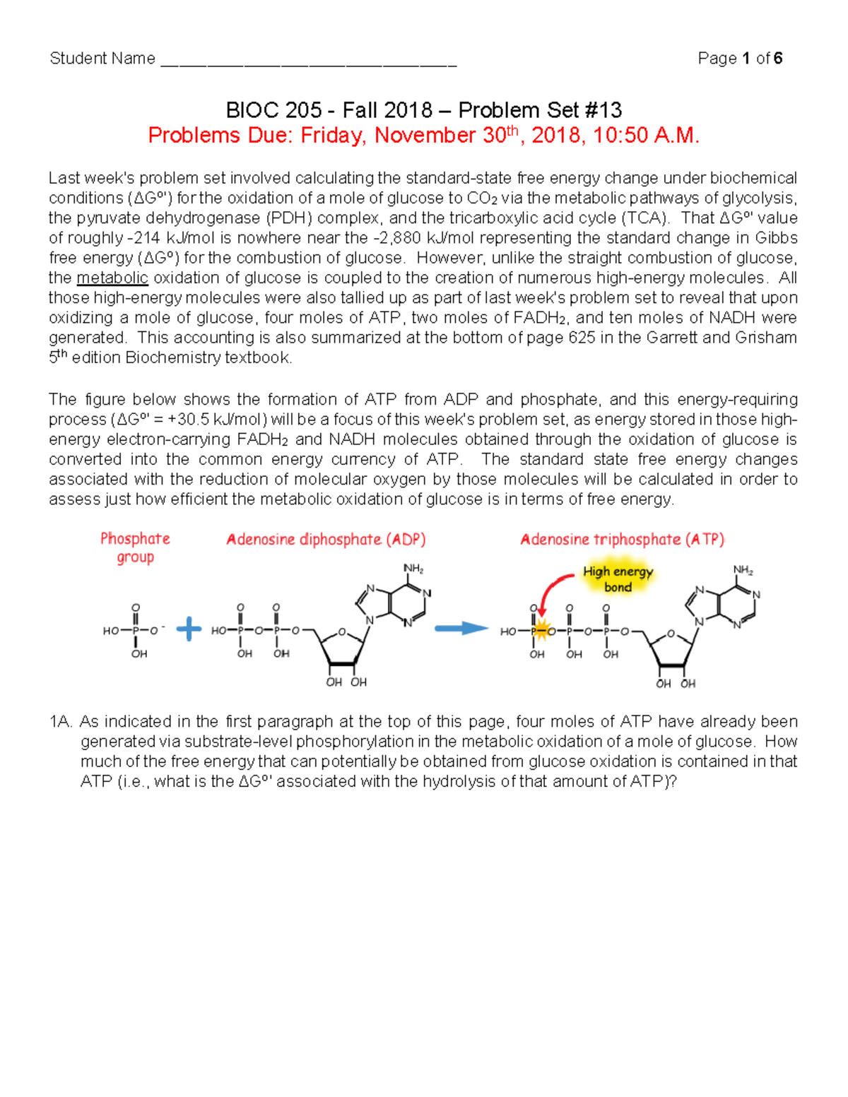 BIOC 205 - Fall 2018 - Problem Set #13 - Student Name Page 1 of 6 BIOC 205 Fall 2018 Problem Set ...