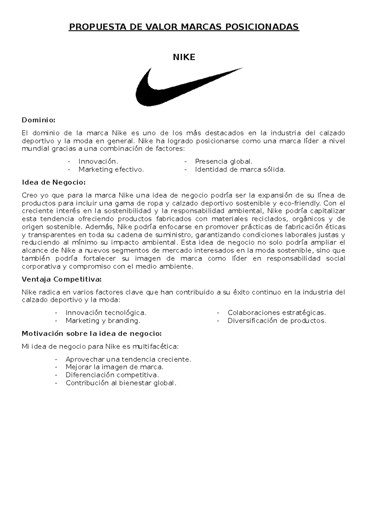Negocios Digitales PA2 - PROPUESTA DE VALOR MARCAS POSICIONADAS NIKE ...