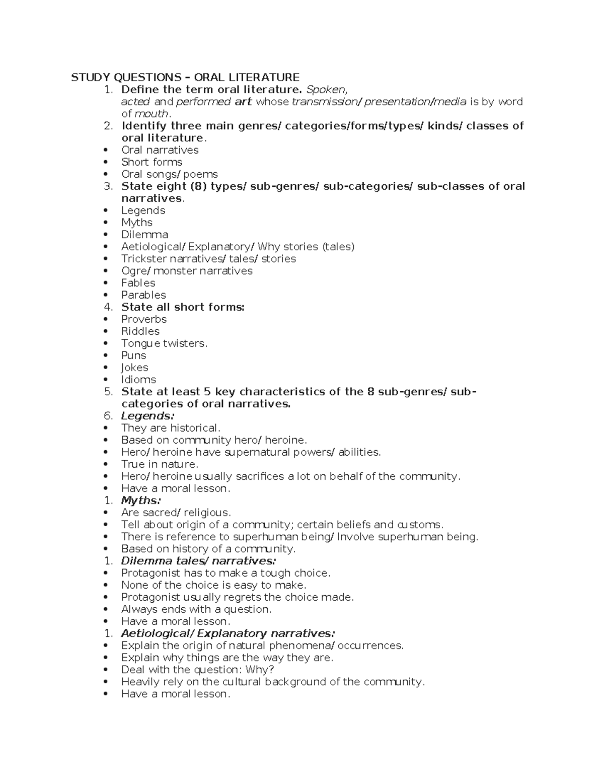 ORAL Literature Questions - STUDY QUESTIONS – ORAL LITERATURE 1. Define ...