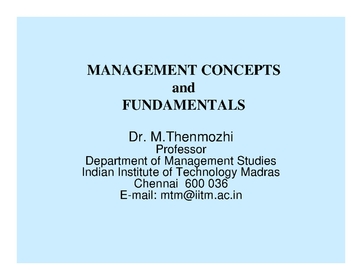 Management - MANAGEMENT CONCEPTS and FUNDAMENTALS Dr. M Professor ...