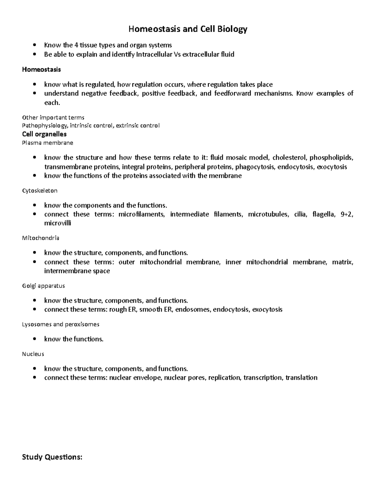 1-Homeostasis and Cell Biology - Know examples of each. Other important ...