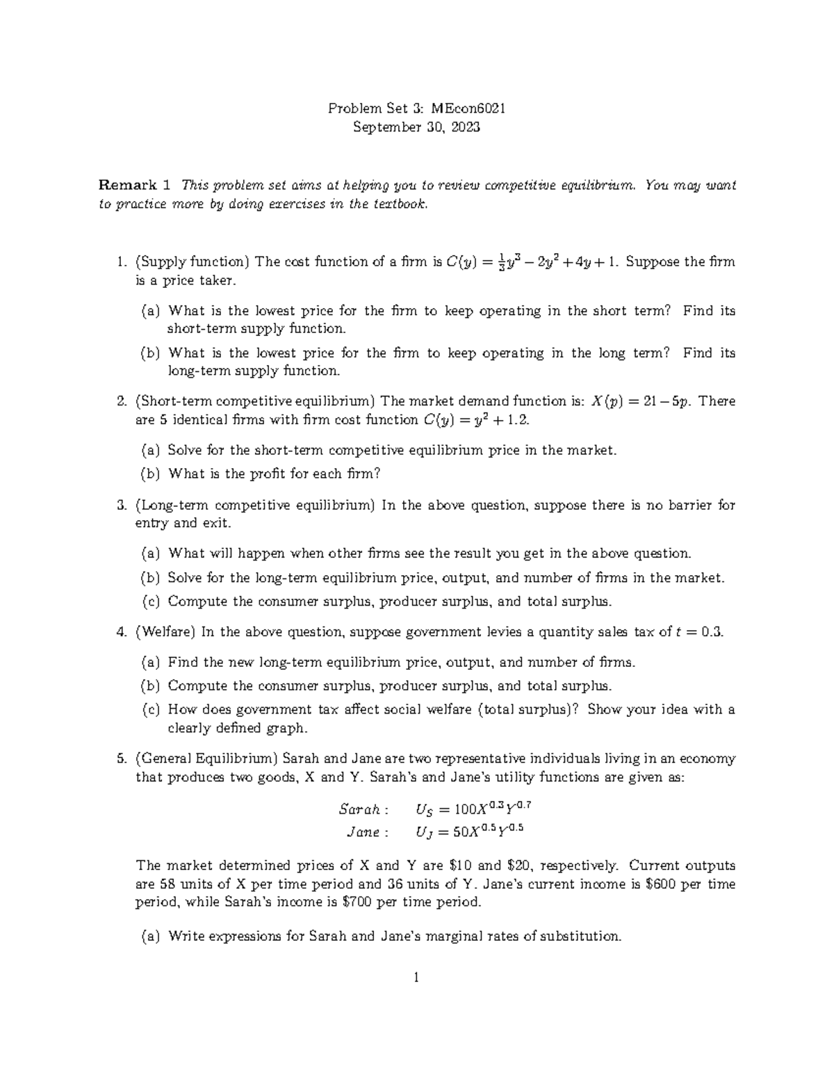 Prob3 - problem3 - Problem Set 3: MEcon September 30, 2023 Remark 1 This problem set aims at ...