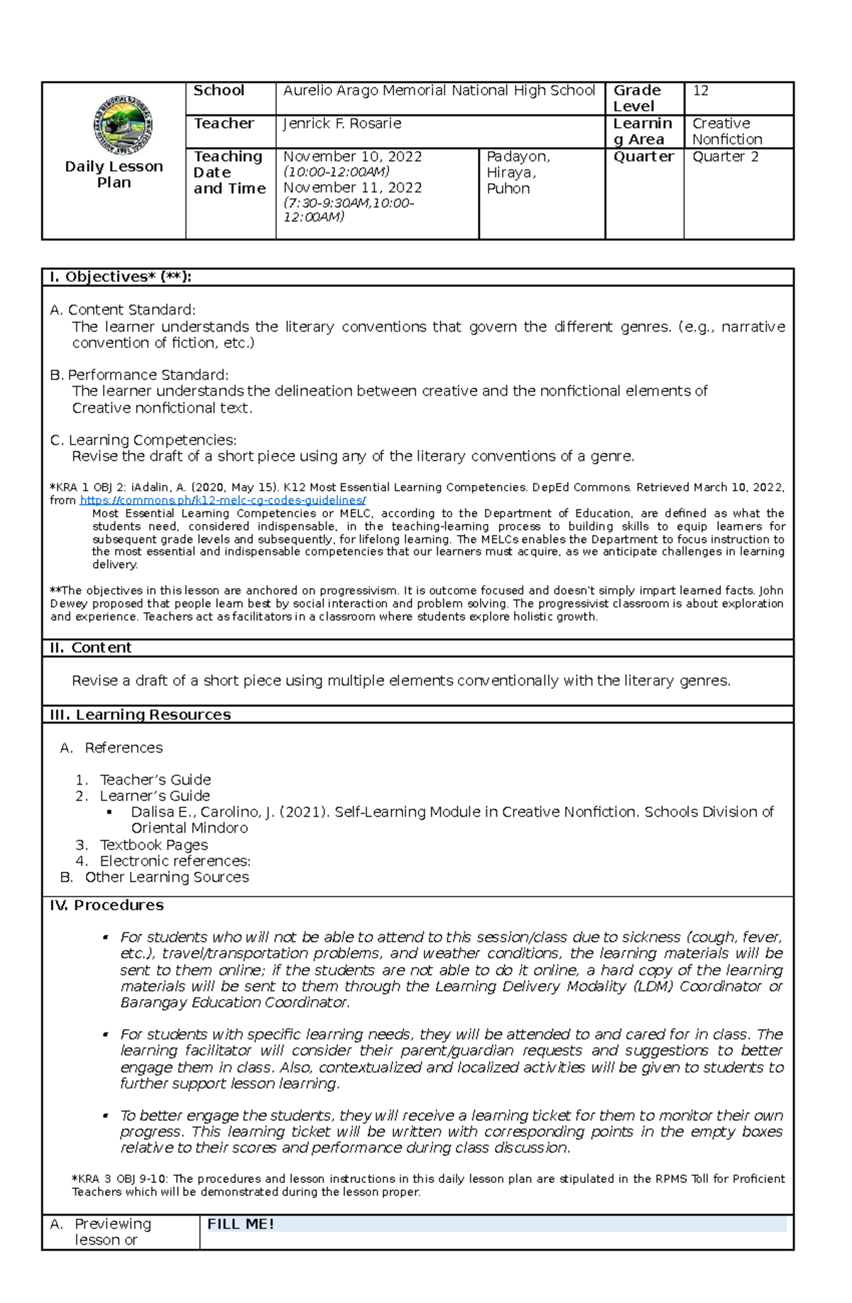 Lesson plan 7 - self learning modules - Daily Lesson Plan School ...
