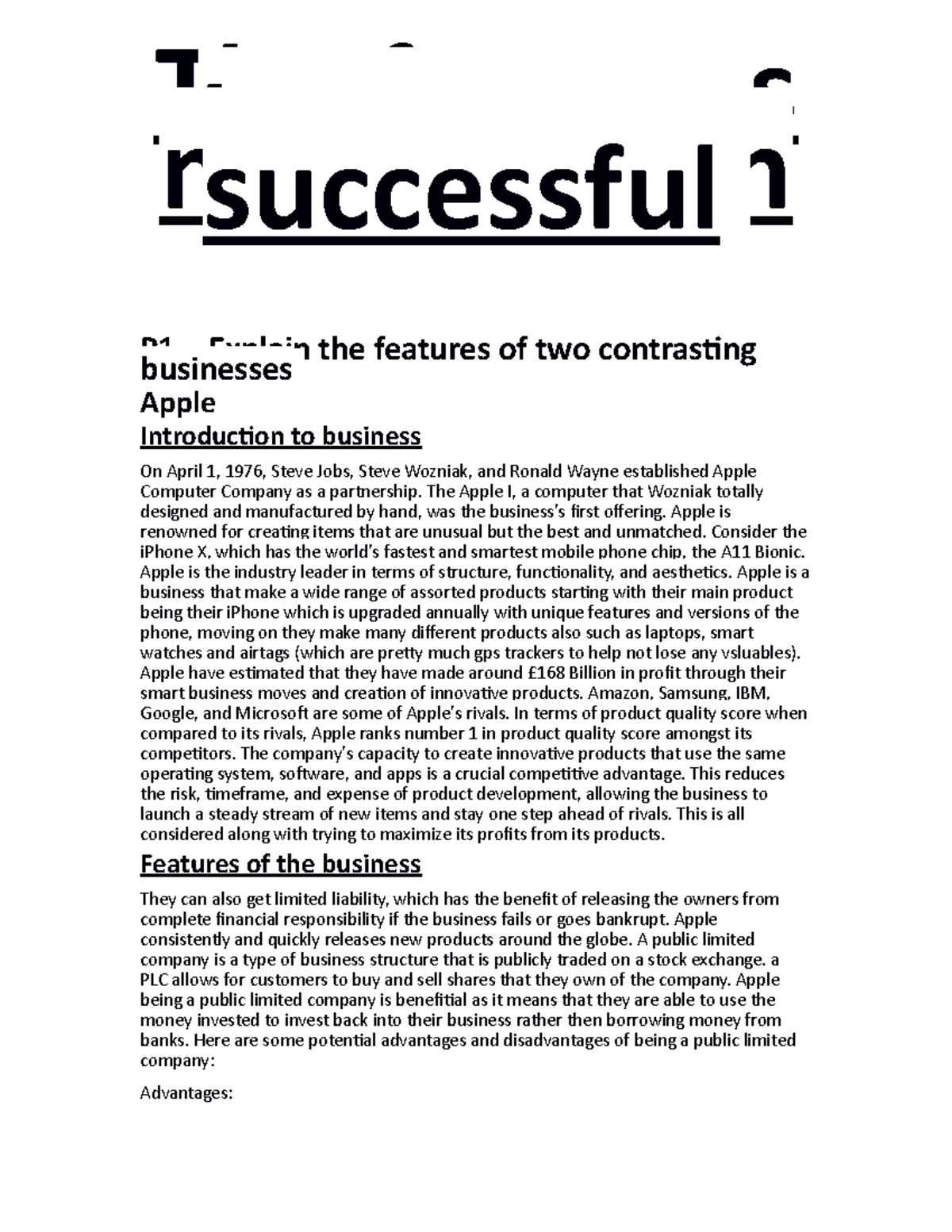 unit 1 Assignment 1 First Submission - The features of businesses and ...