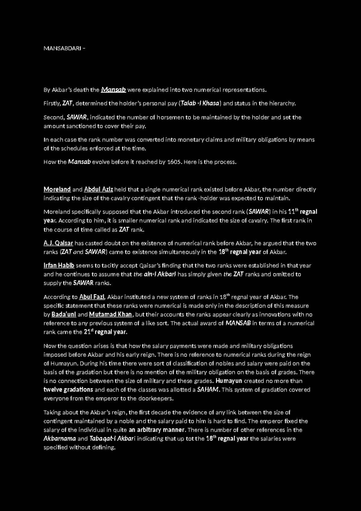 Evolution of Mansabdari system - MANSABDARI – By Akbar’s death the ...