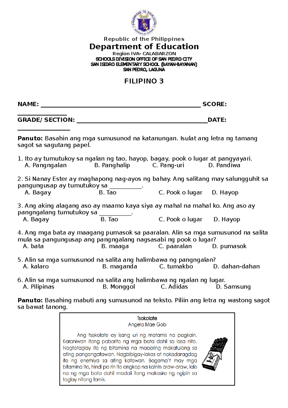 Filipino -1ST - Weekly TEST - Republic of the Philippines Department of ...
