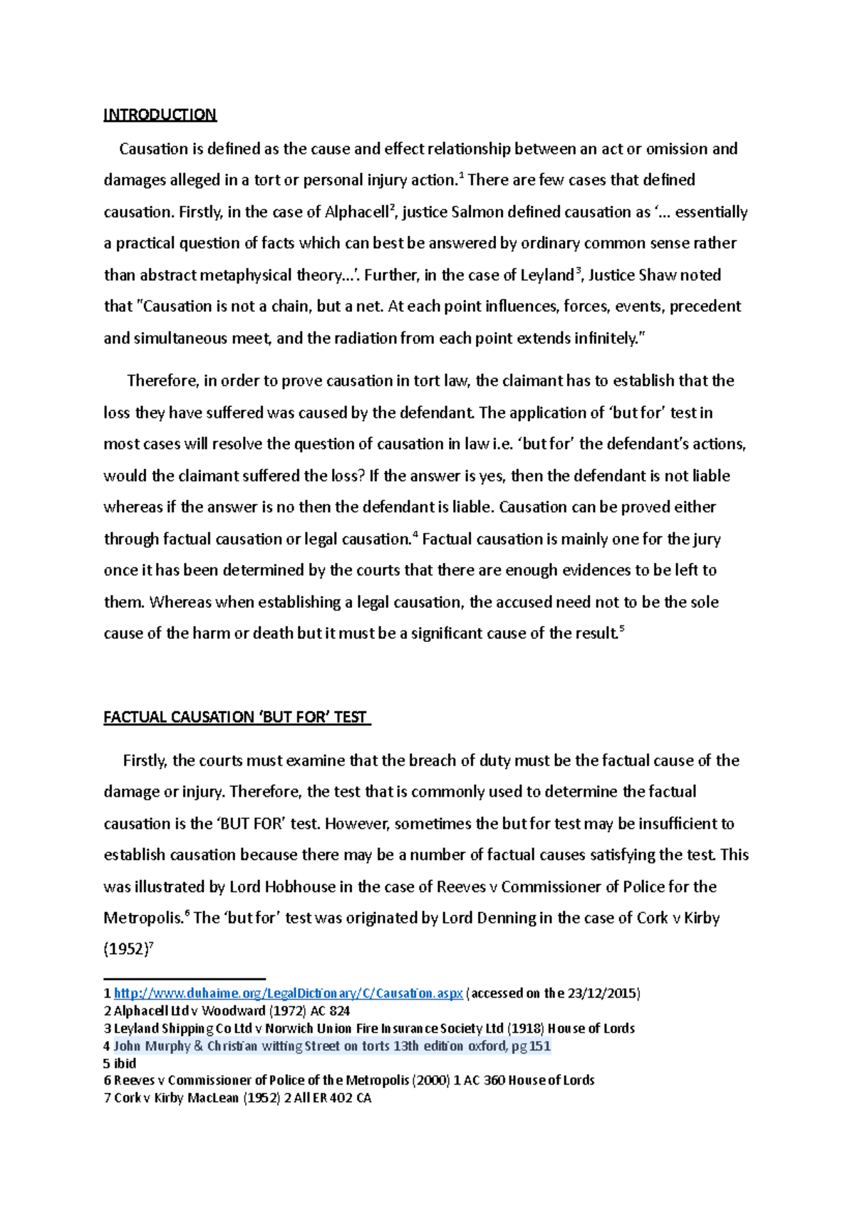 tort law assignment - INTRODUCTION Causation is defined as the cause ...