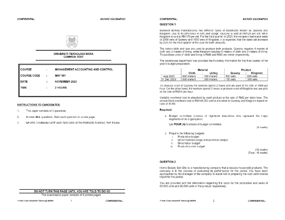 CT NOV 2023 - common test - CONFIDENTIAL CONFIDENTIAL QUESTION 1 ...