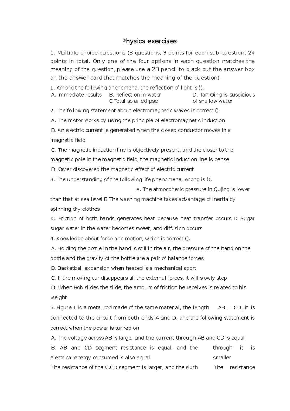 Physics exercises - Multiple choice questions (8 questions, 3 points ...