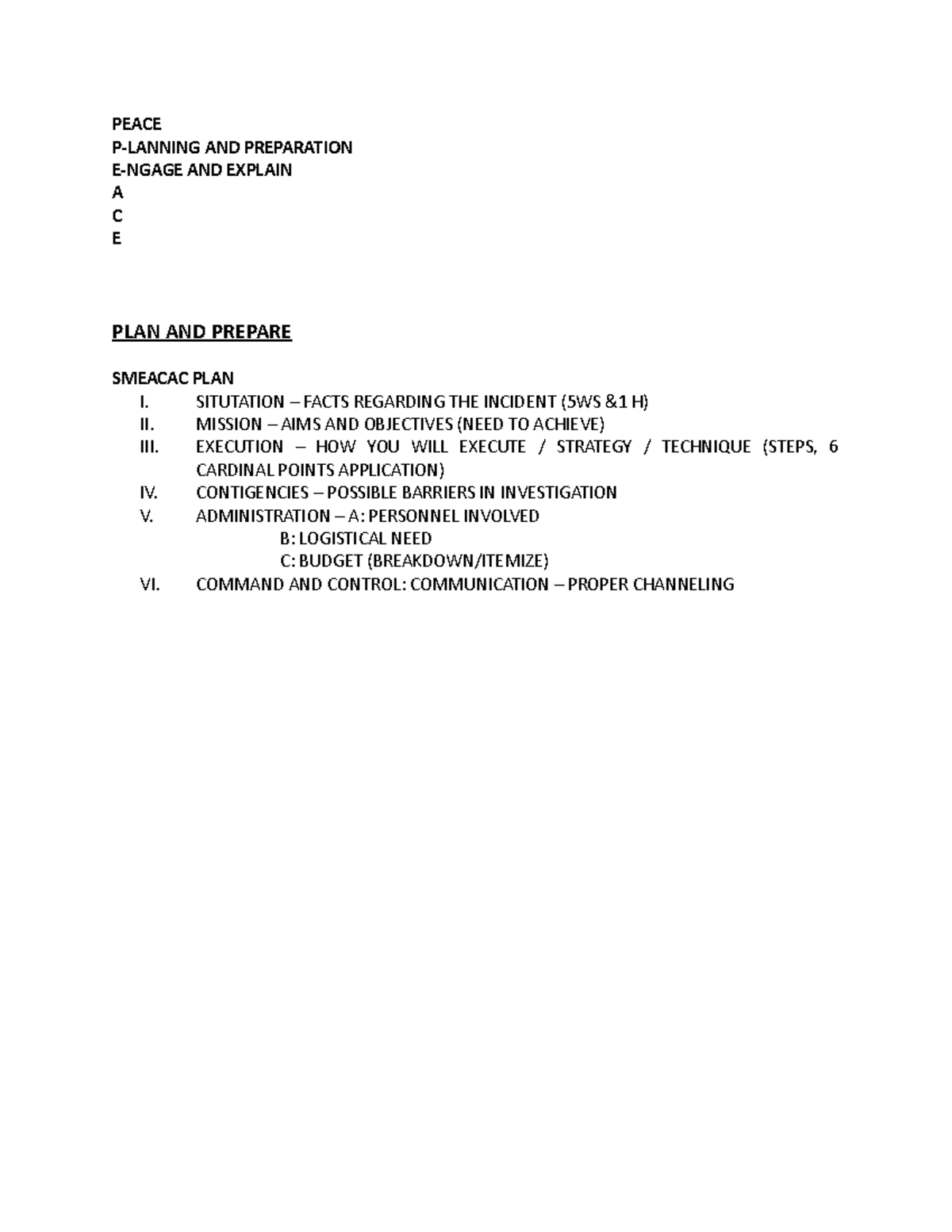 Smeacac Method - PEACE P-LANNING AND PREPARATION E-NGAGE AND EXPLAIN A ...