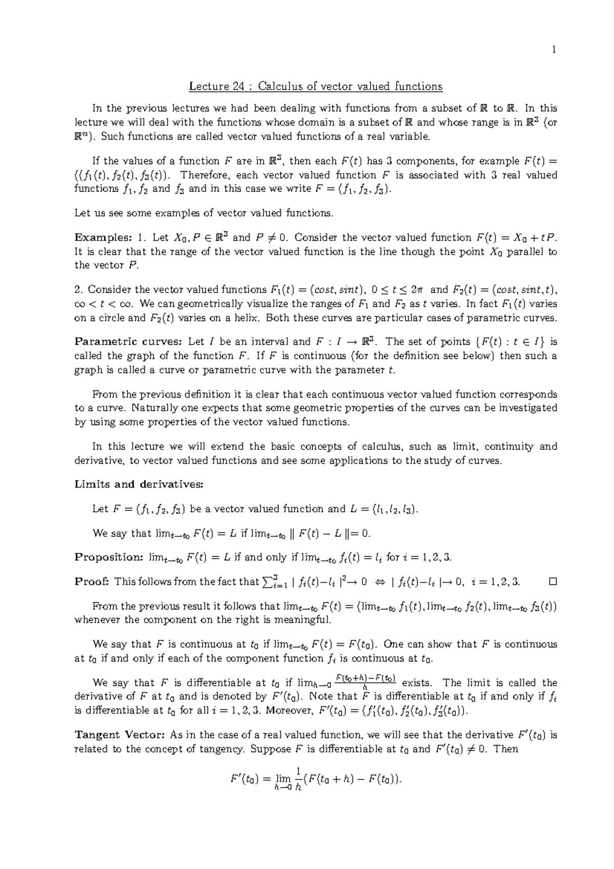 Calculus Of Vector Valued Functions In This Lecture We Will Deal With The Functions Whose
